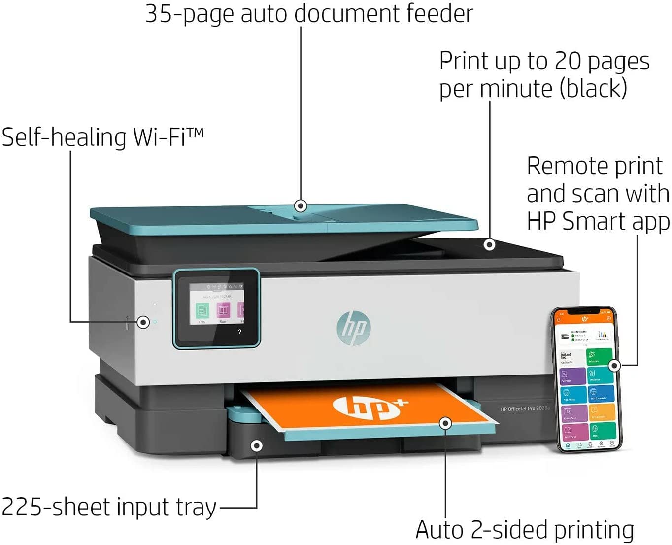 HP OfficeJet Pro 8028e All-in-One Wireless Color Inkjet Printer for Home Office, Blue- Print Scan Copy Fax-20 ppm, 35-sheet ADF, 4800 x 1200 dpi, Auto 2-sided Printing, Ethernet, Cbmou External Webcam