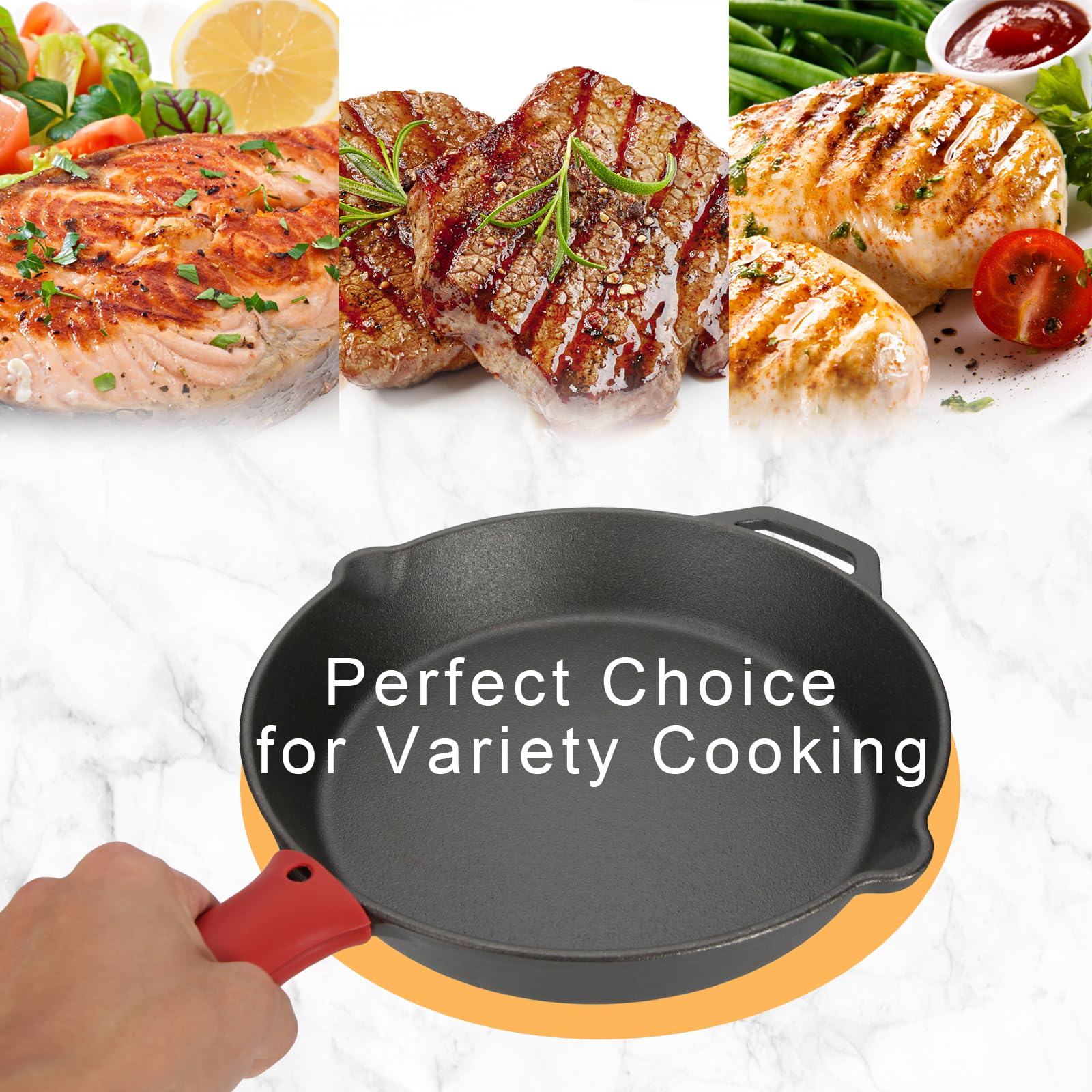 GreatChef Cast Iron Skillet, 10.25 Inch Pre-Seasoned Frying Pan with Silicone Hot Handle Holder - Versatile for Oven, All Stovetop, Grill, Campfire - Searing, Sautéing, Broiling, Frying
