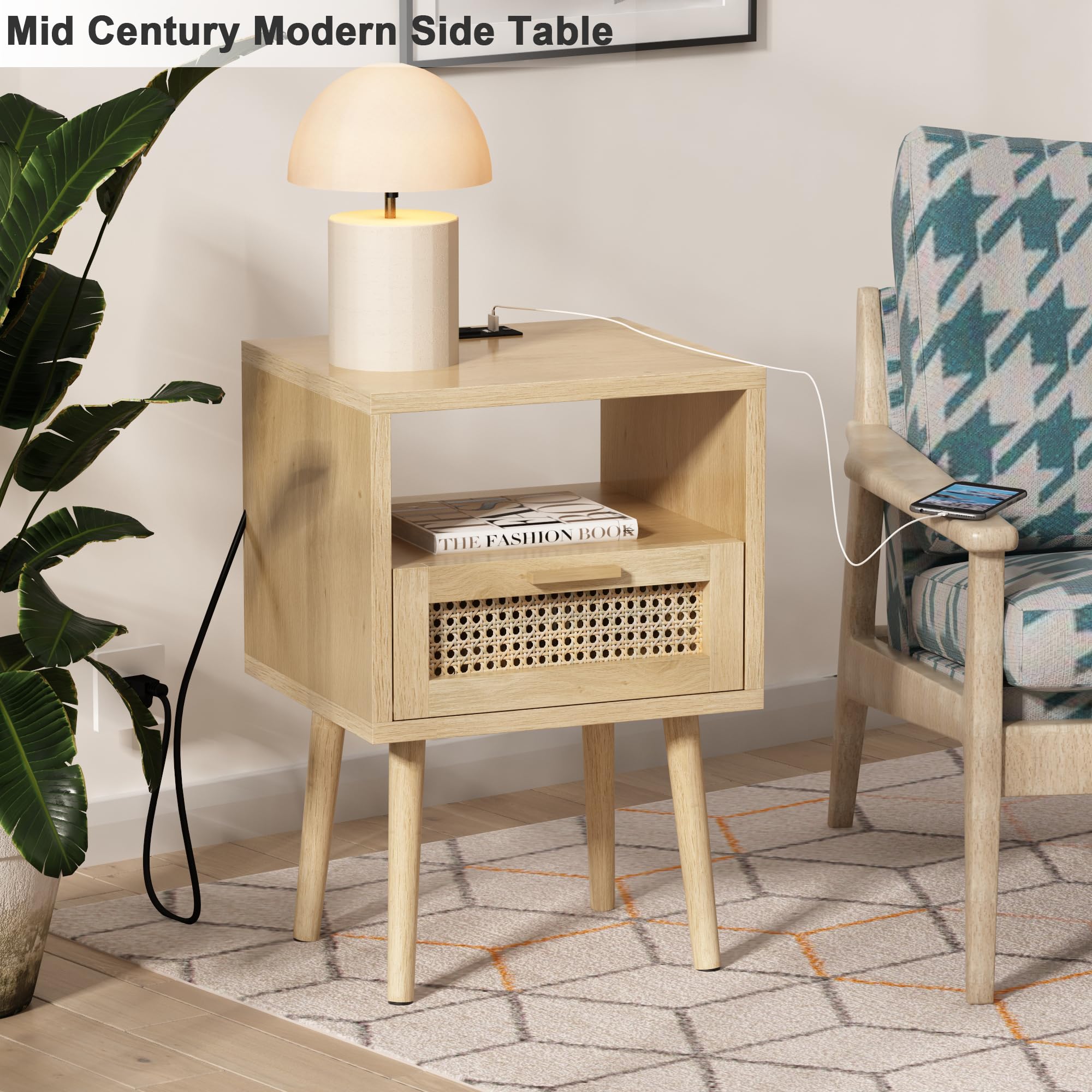ChooChoo Rattan Nightstand with Charging Station, Boho Bedside Table with Drawer, Wood Accent End Side Table for Bedroom, Living Room and Small Spaces, Natural
