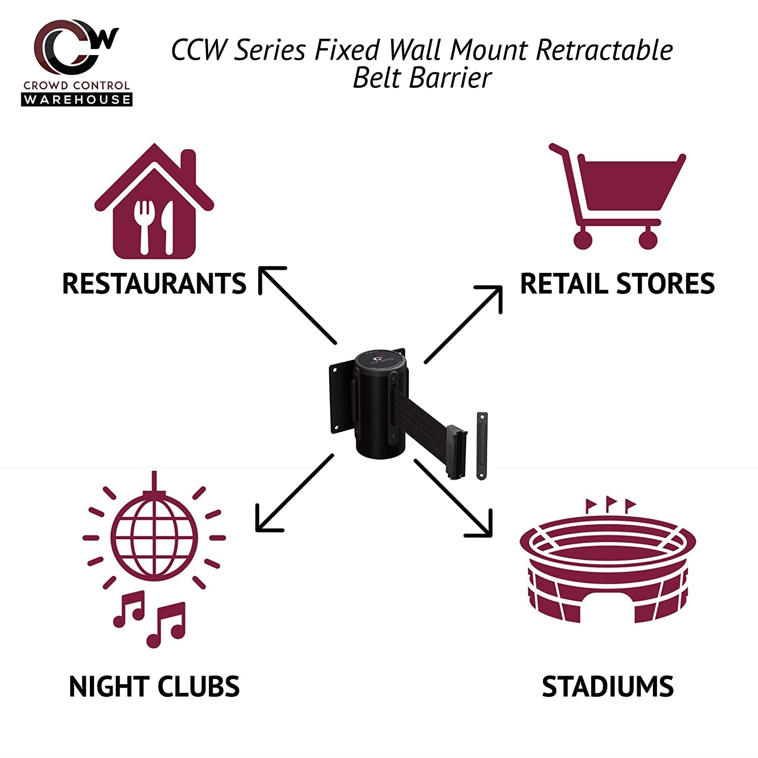 Crowd Control Warehouse - CCW Series WMB-120 Fixed Wall Mount Retractable Belt Barrier - 11 Foot, Black Belt with Black Steel Case