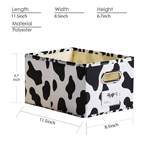 PRANDOM Collapsible Storage Baskets for Closet [3-pack] Decorative Linen Fabric Storage Bins Cubes with Metal Handles for Shelves Bedroom Living Room Cows (11.5x8.5x6.7 Inch)