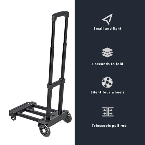 Folding Hand Truck Portable Dolly Cart - 255lb Capacity, 4 Wheels for Smooth Maneuverability, Compact & Versatile Small Platform Hand Cart for Moving, Luggage, Travel, Shopping, and Office Use Black
