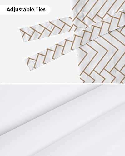 Semi Sheer Valance Adjustable Kitchen Valance for Windows, Modern Herringbone Geometric White and Gold Valances for Bathroom Bedroom Living Room, Tie-up Rod Pocket Decorative Window Curtain 42"x18"