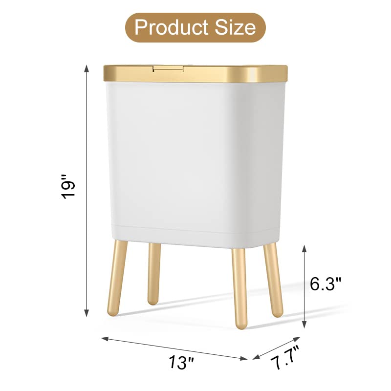 Huaqinglian 4Gallon Bathroom Trash Can with Lid, Small Kitchen Garbage Can,Slim Bedroom Trash bin Wastebasket Plastic for Office/Toilet/Living Room(White with Gold Edge)