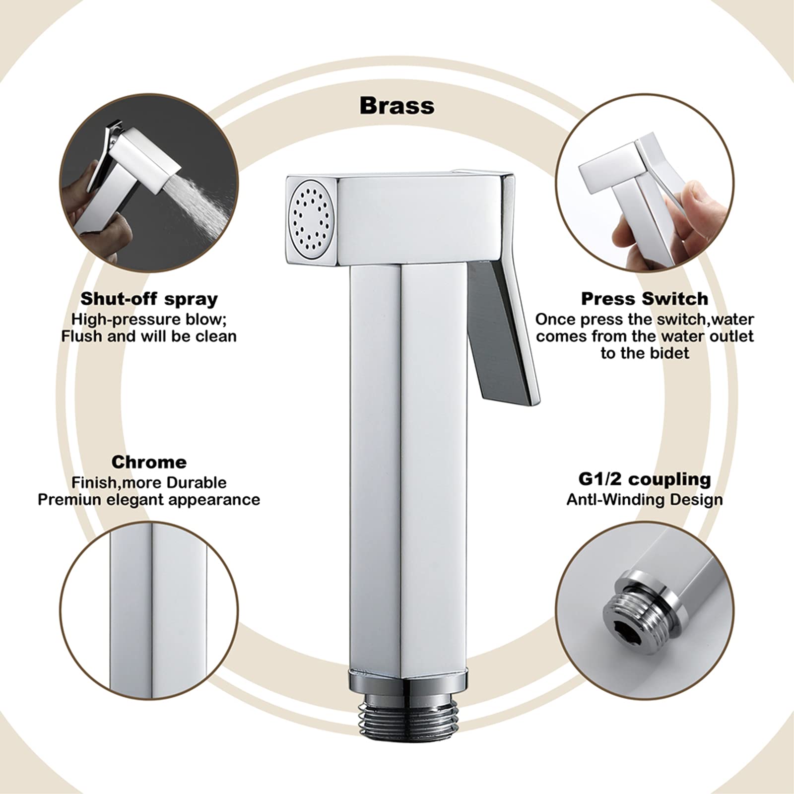 Ksunun Handheld Bidet Sprayer Square Cloth Diaper Sprayer, Brass Bidet Sprayer for Toilet with Water Pressure Control, Handheld Bidet Sprayer for Toilet Set,Chrome Plated