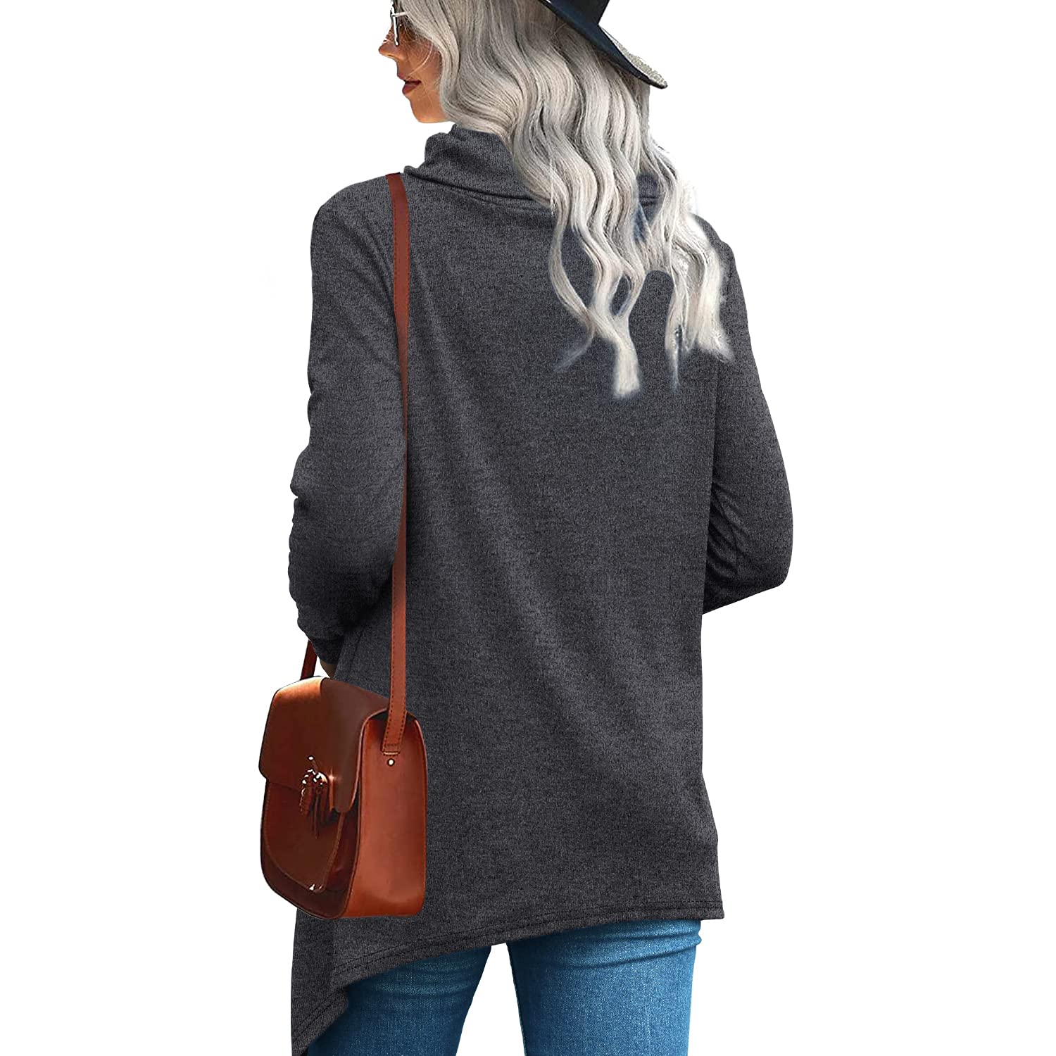 Davenil Cowl Neck Tops For Women Soft Long Sleeve Pullovers Casual Loose Fall Sweatshirts Cute Sweaters with Irregular Hem Dark Gray Size M