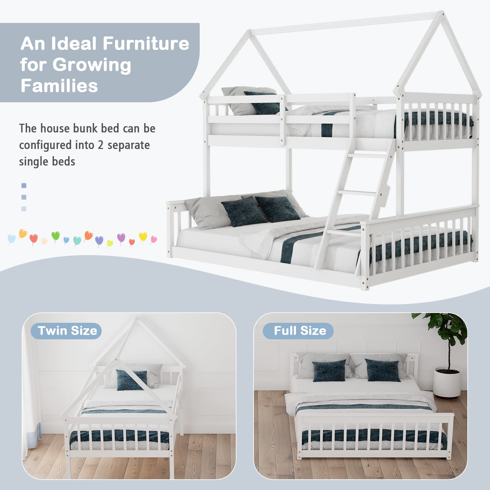 KOMFOTT Wood Twin Over Full House Bunk Bed with Built in Ladder, Solid Pine Wood Bunk Bed Frame with Safety Guardrails, House Bunk Bed Frame for Kids, Teens, Juniors, No Box Spring Needed (White)