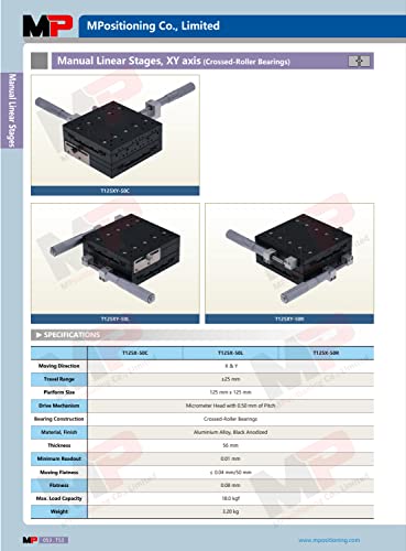 Precision XY Linear Stage, MPositioning T125XY-50L Manual XY Translation Stage 50 mm Travel in 2-Axis 125 x 125 mm Platform Table