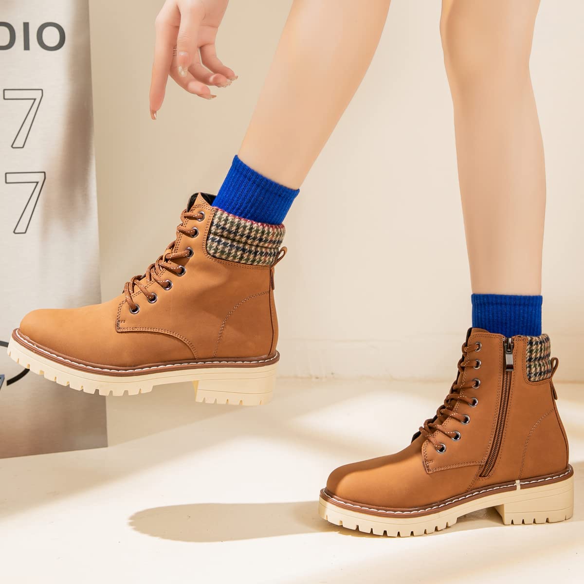 DeYashopin Womens Hiking Boots Non-slip Outdoor Casual Boot Leather Camel 7