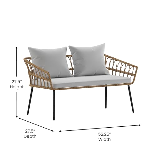 Taylor & Logan Iya 4 Piece Boho Rope Rattan Patio Conversation Set with Tempered Glass Top Coffee Table and Gray Cushions for Indoor/Outdoor Use, Natural