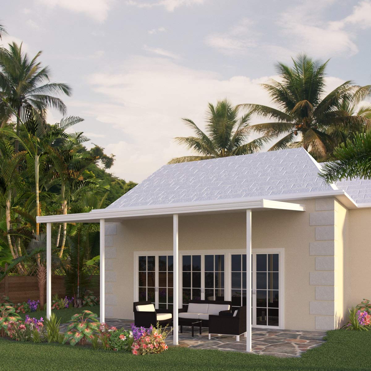 Four Seasons Outdoor Living Solutions TWV Series 20X12ft High-Grade Aluminum Attached Patio Cover Awning, 4 Posts, 20 Lb. Snow Load, White