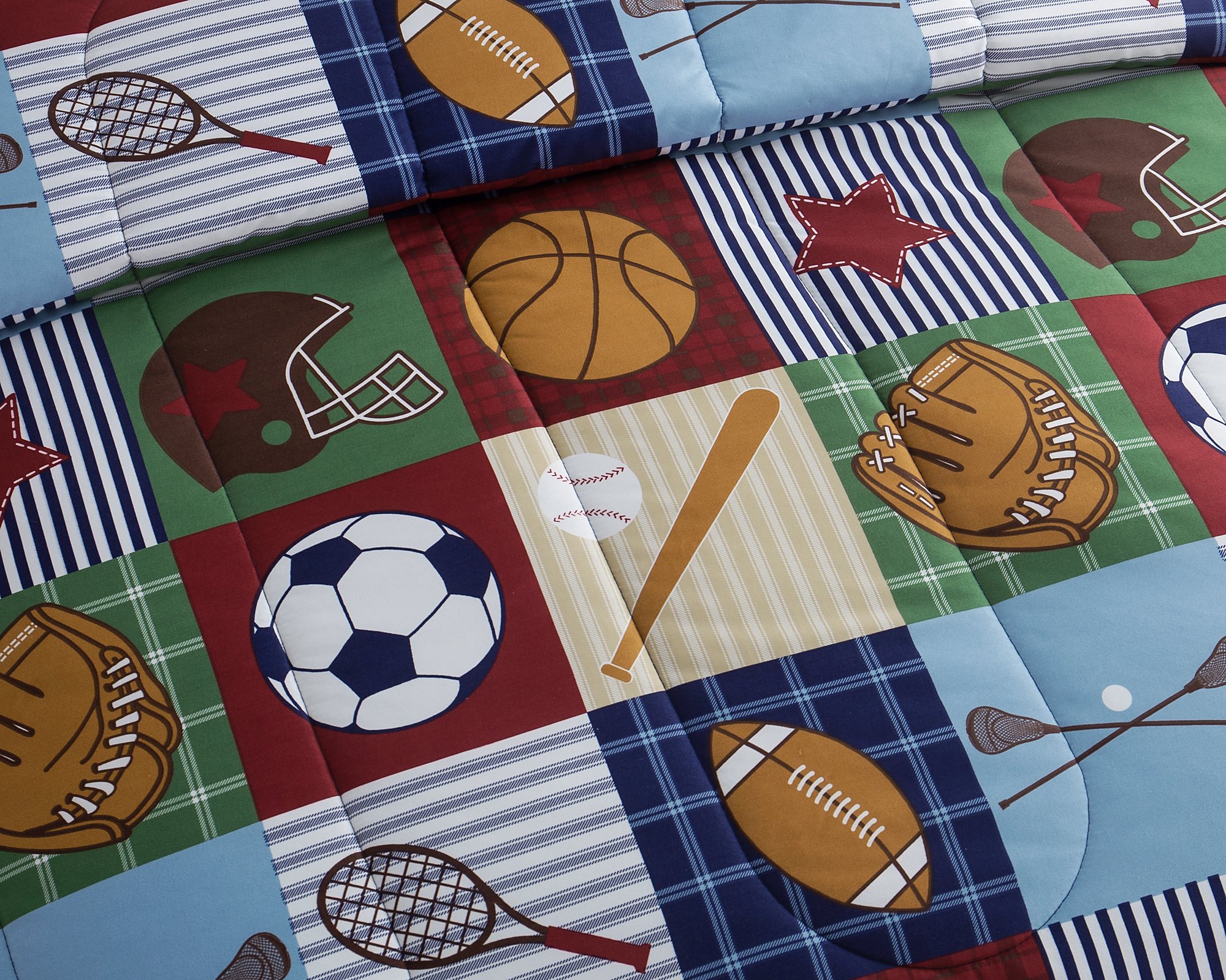 Team Sport 3-Piece Comforter Set Sports Bedding, Collegiate,Teen, Boys, Double brushed fabric, Football Shaped Decorative Pillow Included, Extra Soft, TwinSize, Blue/Green/Tan - 24013