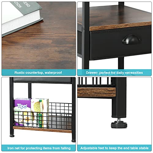 Industrial Nightstand, Bedside Table End Table with Storage Drawer, Open Wood Shelf, 16βx 16β Side Table with Adjustable Feet, for Bedside Sofa Couch, Living Room, Bedroom, Black and Brown