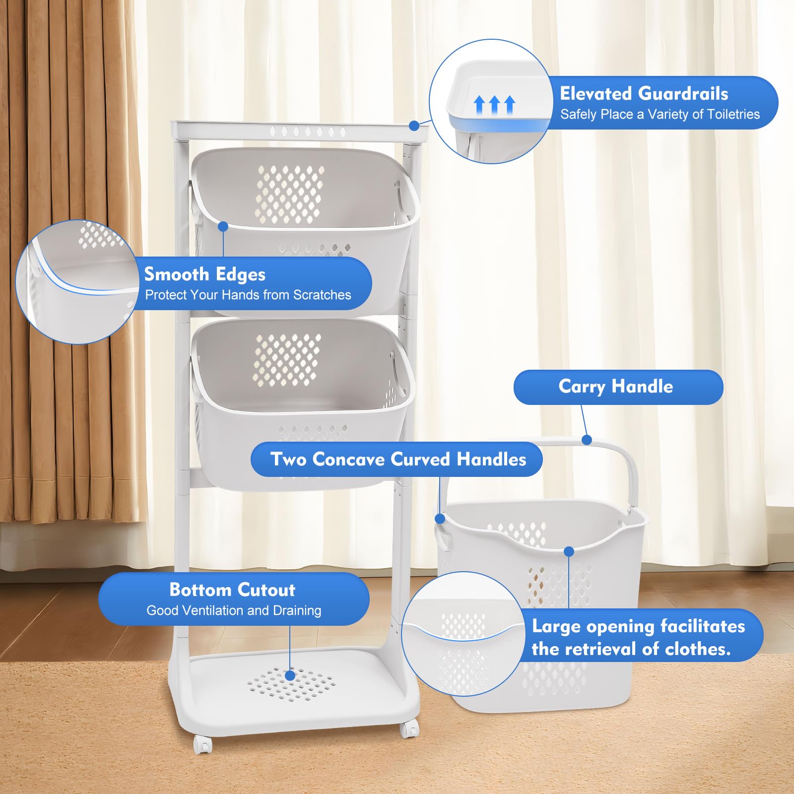 KONKENIE 3 Layers Laundry Hamper Basket Sorter Washing Hamper with 4 Wheels Rolling Clothes Bin Trolley Basket Clothes Storage Organizer 3 Tier Shelf Rolling Cart for Bathrooms Bedrooms White