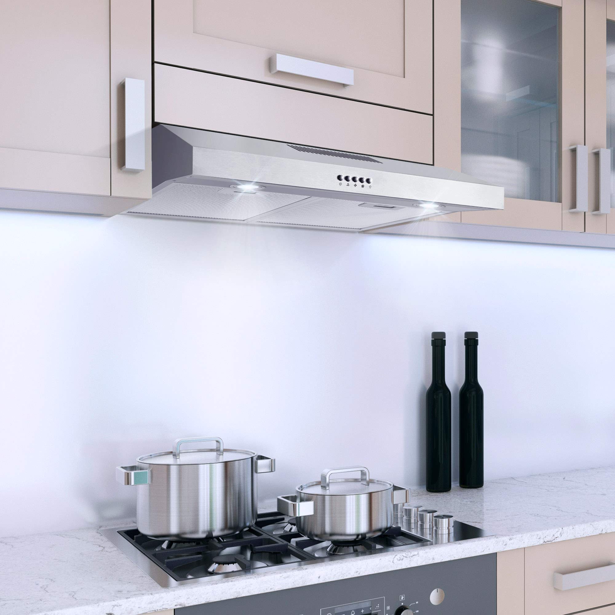COSMO 5U30 30 in. Under Cabinet Range Hood with Ducted/Ductless Convertible (Kit Not Included), Slim Kitchen Over Stove Vent, 3 Speed Exhaust Fan, Reusable Filter, LED Lights in Stainless Steel