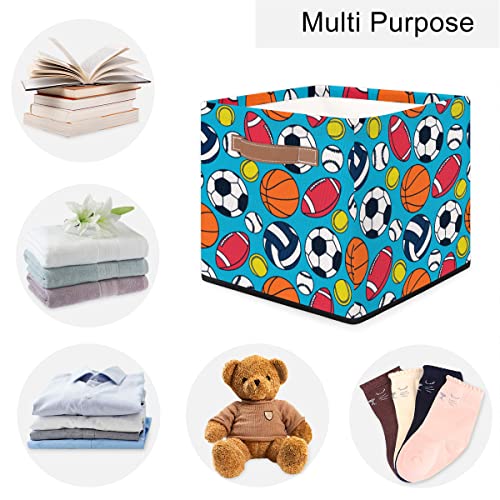 Cube Storage Organizer Bins 13x13 Sport Ball Blue Fabric Storage Cubes Bin Foldable Baskets Square Box with Dual Plastic Handles for Shelf Nursery Cabinet Clothes Toys