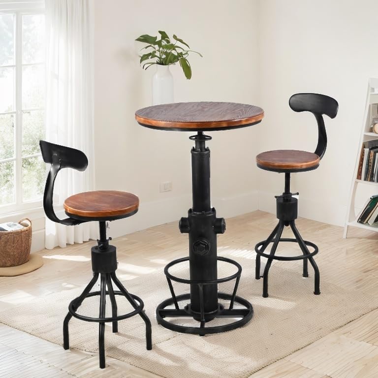 LOKKHAN 3-Piece Bar Table (38.6"-48.4") & 2 Backrest Stools (24"-30") Set for Pub Kitchen Dining Living Party Bistro Breakfast, Swivel Top, Height Adjustable, Most Weld, Space-Saving（Black&Brown）