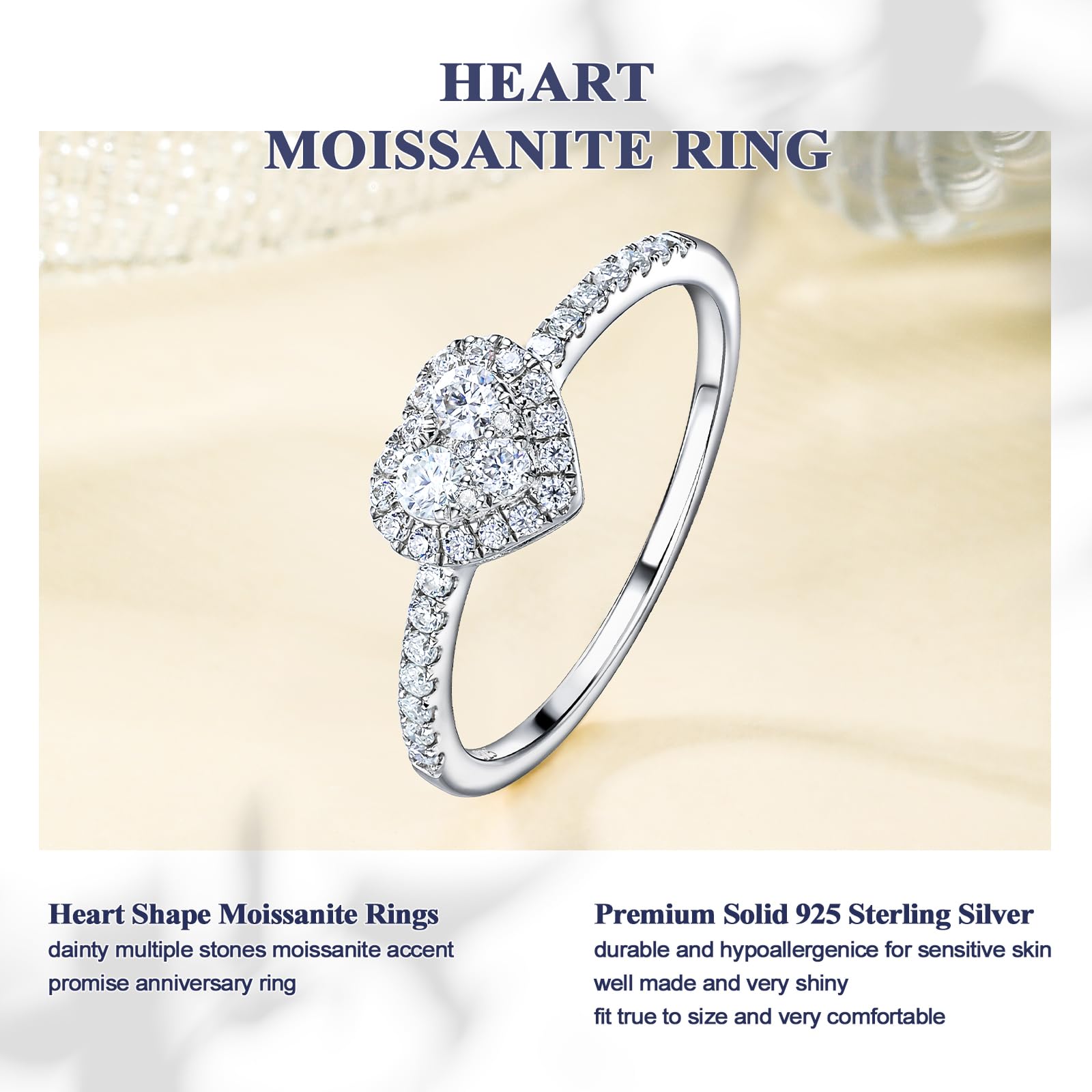 DAYBYDAY 925 Sterling Silver Moissanite Heart Rings Created Diamond Heart Shaped Engagement Anniversary Ring Size 8