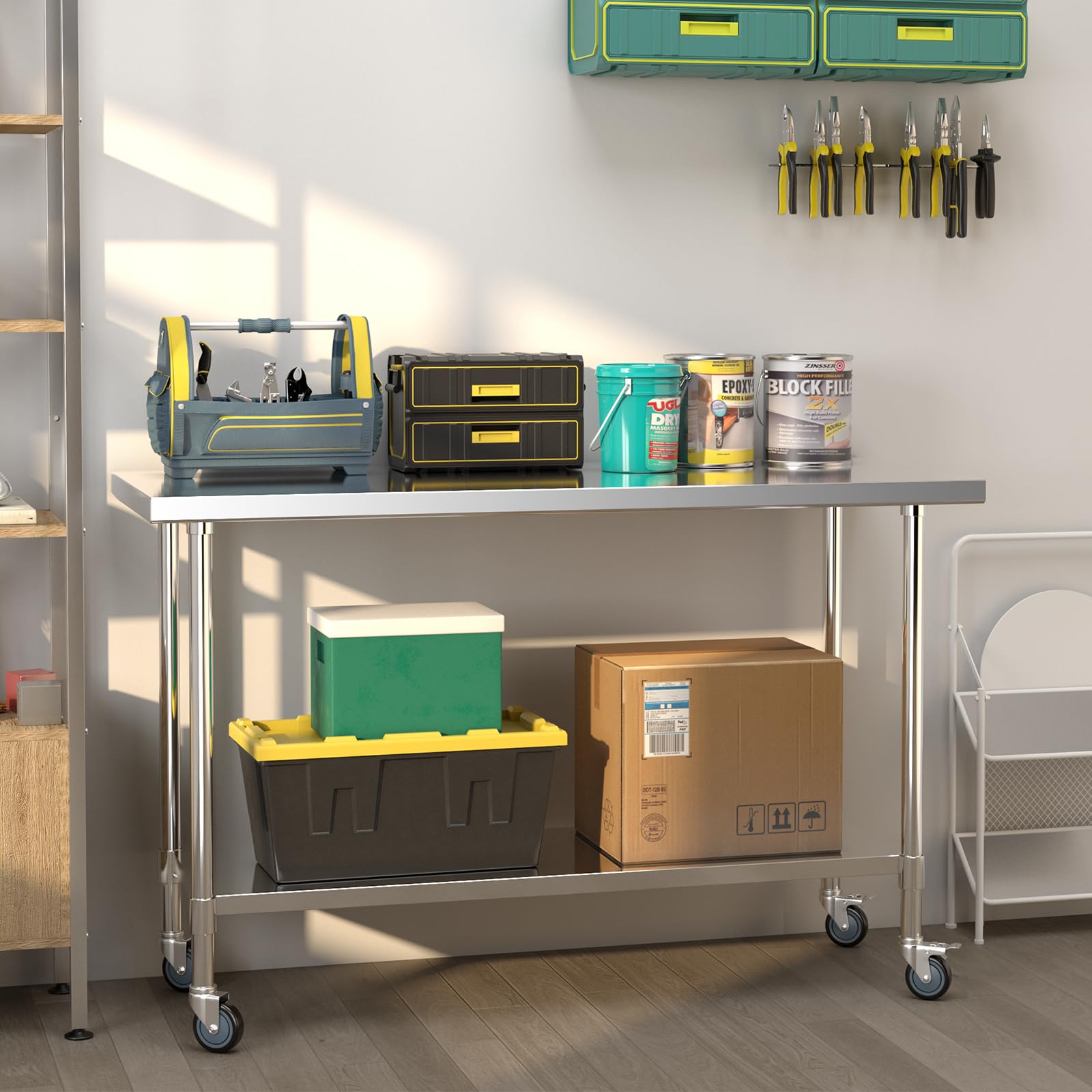 Goplus Stainless Steel Table with Wheels, 60β x 24β Rolling Kitchen Prep Table Work Table with Height Adjustable Under Shelf, Footpads, 900LBS Capacity, Food Prep Metal Table for Commercial Kitchen