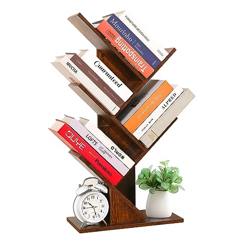 HXXUYY 4 Tier Tree Bookshelf Free Standing Bookcase Rust Brown Storage Book Self for Books,Albums,CDs,Magazines, Wooden Morden Book Storage Rack Display for Office/Livingroom/Bedroom