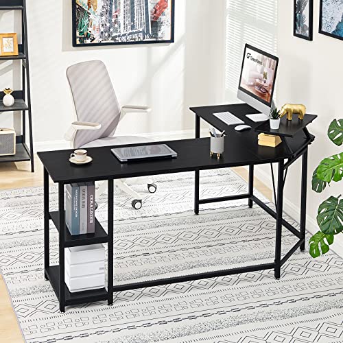 GreenForest L Shaped Gaming Desk with Monitor Stand 66 inch Large Corner Computer Desk with Storage Shelves for Home Office Pc Workstation Writing Desk,Black