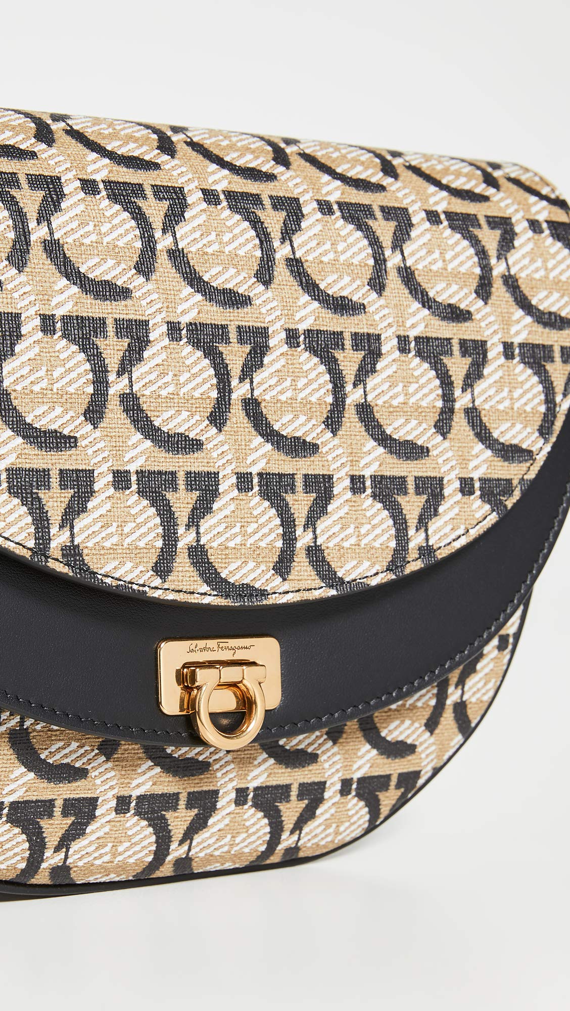 Salvatore Ferragamo Women's Ferragamo Traveler Saddle Bag, Gancini Sand/Foster Nero, Black, Print, One Size