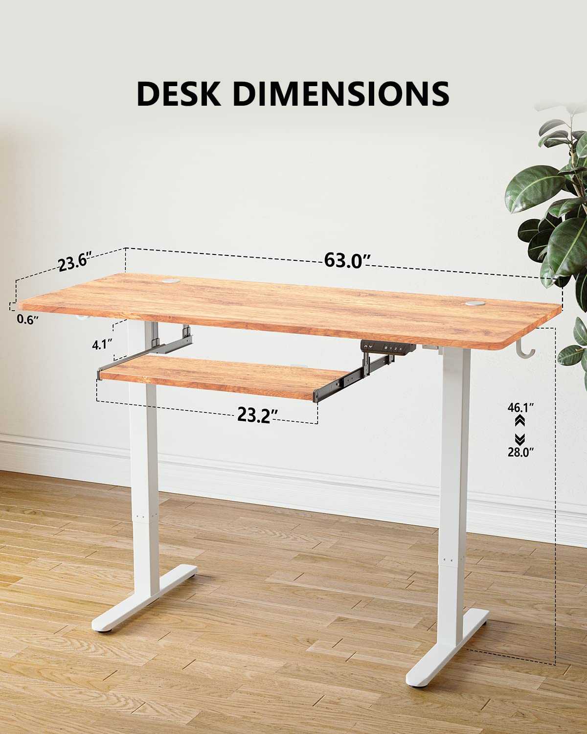 Cubiker Electric Standing Desk, 63 x 24 Inches Height Adjustable with Keyboard Tray, Ergonomic Workstation for Home Office, White Frame/Light Rustic Brown Top