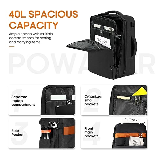 POWAITER Travel Backpack for Women Men, Large Expandable Carry on Backpack Flight Approved with 4 Packing Cubes & Luggage Tag-Black