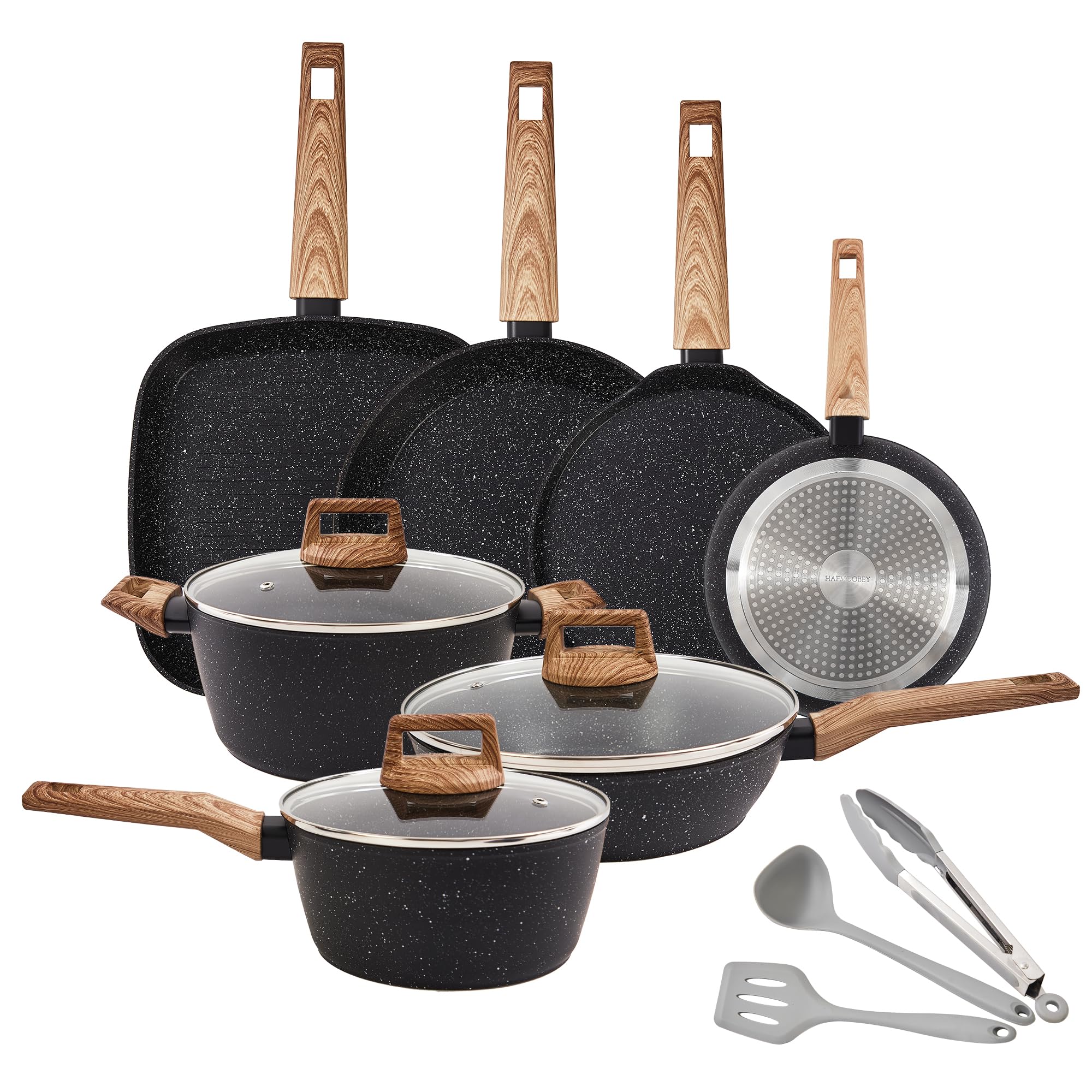 HAFMOOBEY Pots and Pans Set Nonstick, 20PCS Grey Granite Induction Cookware Sets with Frying Pans, Saucepan & Cooking Pots, PFOA Free Non Stick Pots and Pans