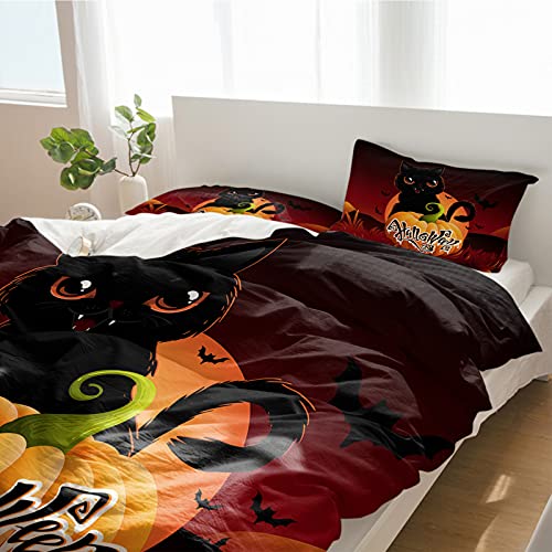 Halloween Twin Duvet Covers Cute Cats with Pumpkins 3-Piece Bedding Sets Luxury Soft Microfiber Bed Comforter Protector with Pillow Cases for Women Men Girl Boy Spooky Night Moon