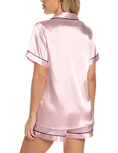 Pjmlifecoco Silk Satin Pajamas Women Short Sleeve Sleepwear Button Down Loungewear Soft Summer Pjs Shorts Set Pink