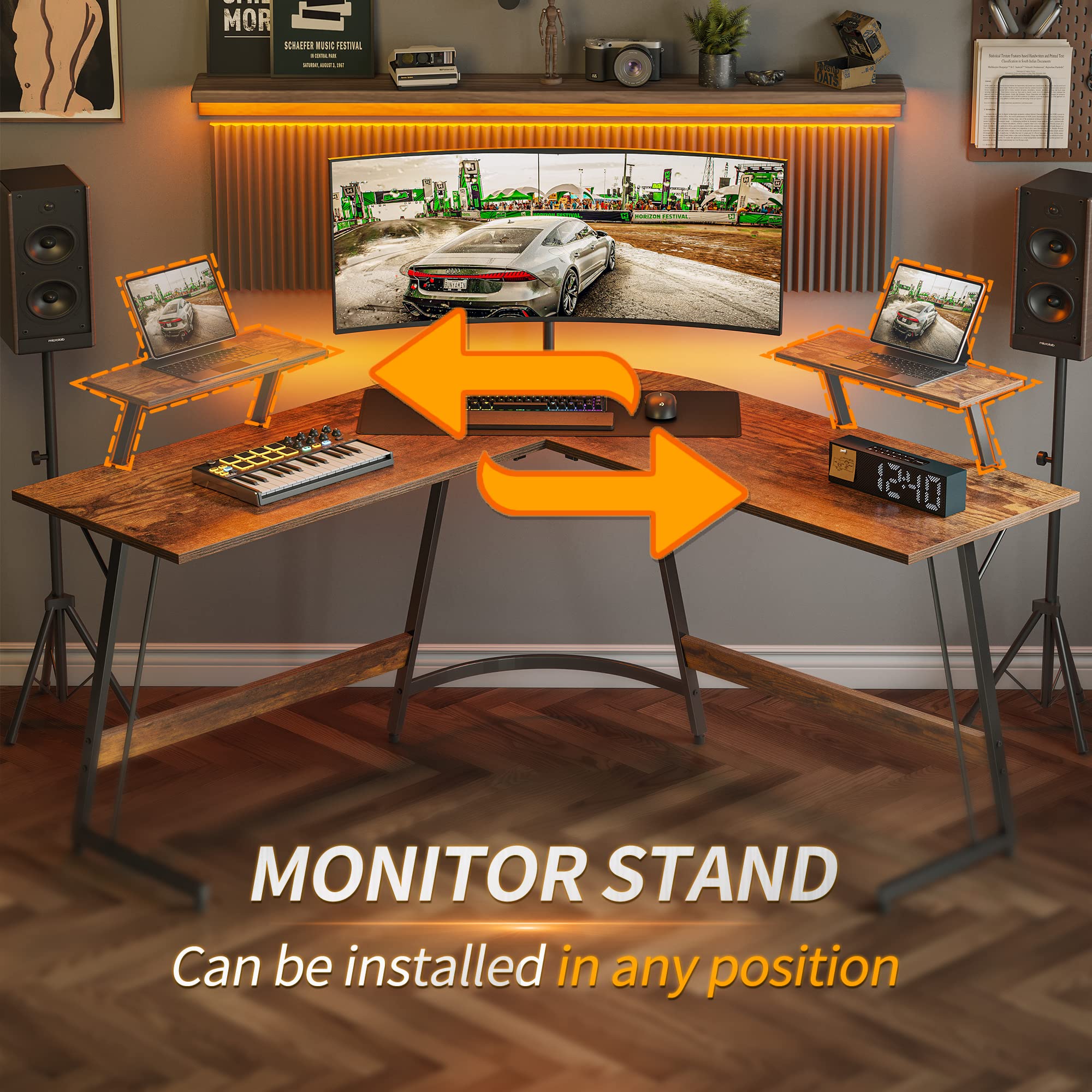 Cubiker L Shaped Desk, Computer Corner Desk, Gaming Desk with Monitor Stand, Home Office Study Writing Workstation, Space-Saving, Walnut