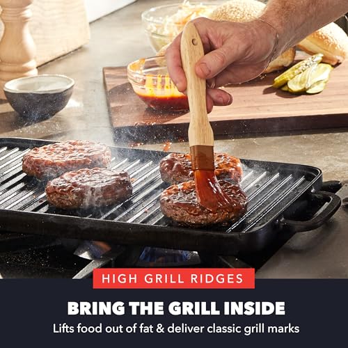GreenPan x Bobby Flay Cast Iron Pre-Seasoned 11” Reversible Double Burner Rectangle Grill/Griddle, Helper Handles, Induction Suitable, Versatile Stovetop, Oven, BBQ & Fire, Indoor/Outdoor Use, Black