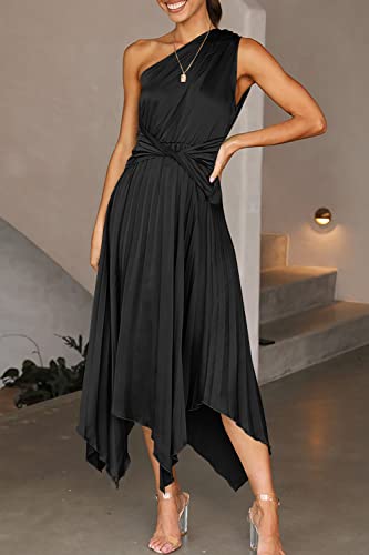 PRETTYGARDEN Women's Summer Long Satin Dress One Shoulder Sleeveless Ruched Twist Flowy Maxi Dresses (Black,Medium)