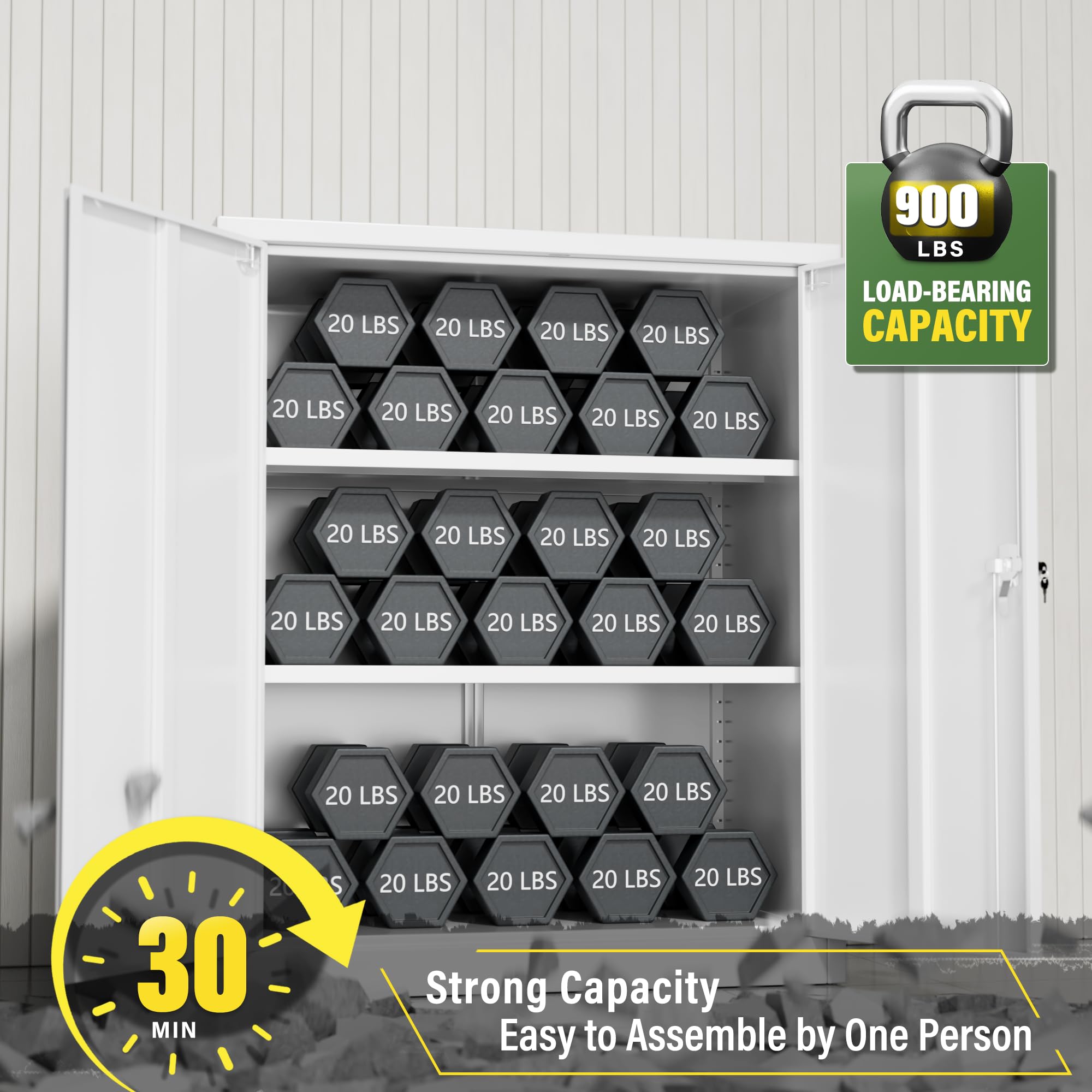 Greenvelly Metal Storage Cabinet, 42” Steel Locking Cabinet with Doors and Shelves,White Utility Cabinet Garage Cabinets, Lockable File Cabinet for Home Office, Garage, Kitchen, Shop