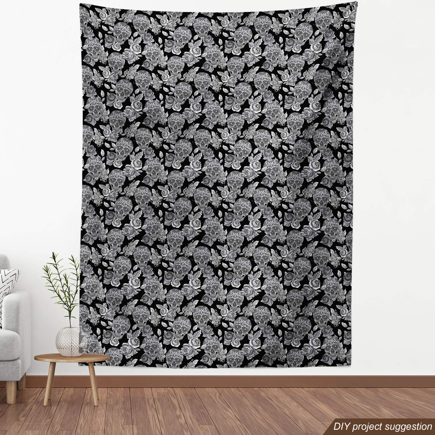 Lunarable Gothic Fabric by The Yard, Composition of Skeleton Skull Heads and Flowers Dark and Scary Details, Decorative Fabric for Upholstery and Home Accents, 1 Yard, Grey Charcoal