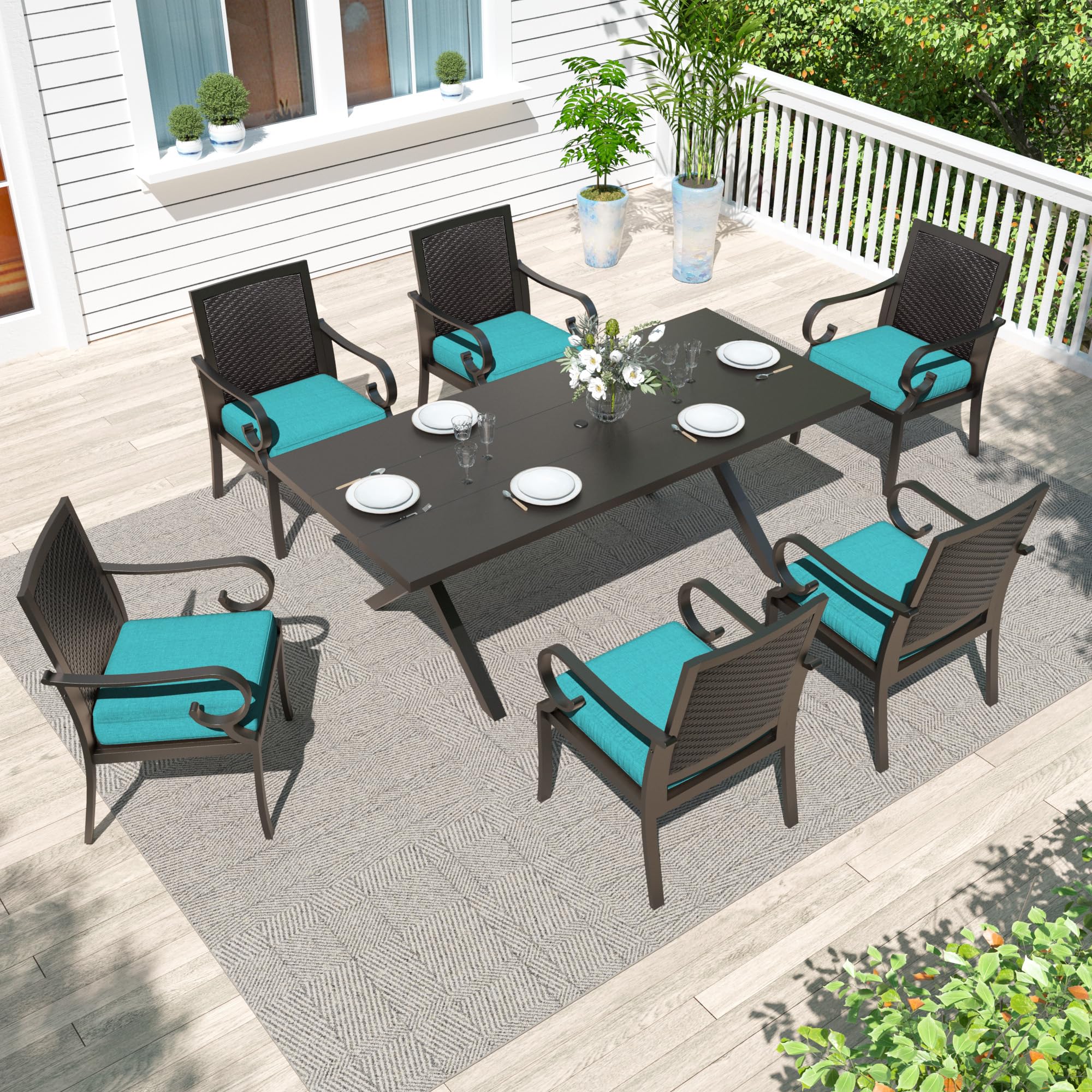 Gotland 7 Piece Outdoor Dining Table and Chairs for 6, Rectangular Patio Dining Table with Umbrella Hole, Modern Outdoor Patio Set, Lawn Garden Outdoor Table and Rattan Chairs