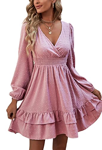 Rooscier Women's Wrap V Neck Swing Ruffle Swiss Dots Long Sleeve Mini Dress Solid Pink Medium