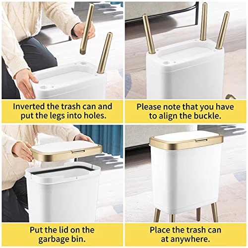 Trash Can with Lid, Plastic Garbage Can with Push Button, Narrow Modern Waste Basket for Kitchen, Slim Bedroom Garbage Bin, 15L Bathroom Trash Can for Home, Living Room, Toilet, Office (White)