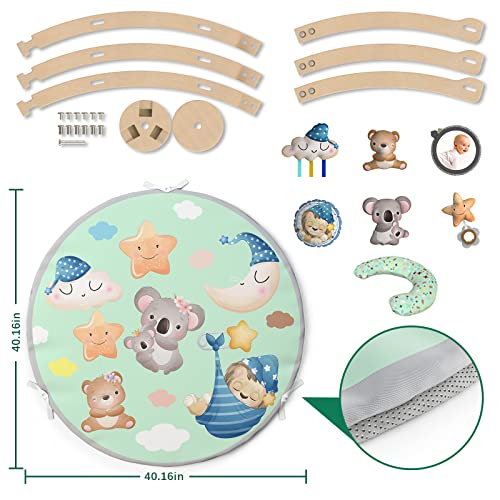 FEISIKE Wooden Baby Activity Gym & Play Mat, Stage-Based Sensory and Motor Skill Development, Thick Non-Slip Design Tummy Time Mat Washable