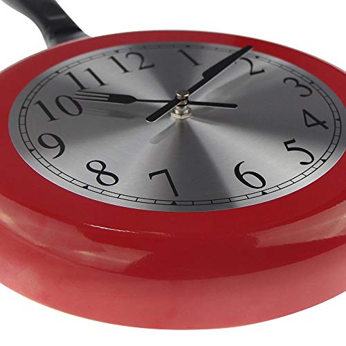 Timelike Wall Clock, 10 inch Metal Frying Pan Kitchen Wall Clock Home Decor - Kitchen Themed Unique Wall Clock with a Screwdriver (Red)