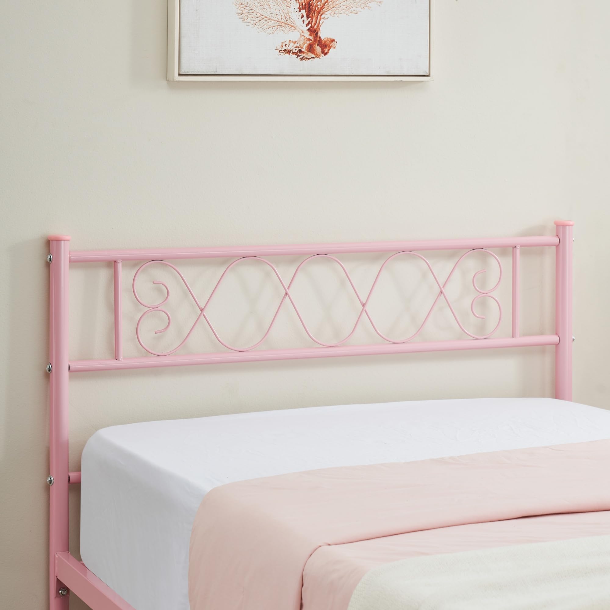 IDEALHOUSE Pink Metal Twin Bed Frame with Headboard and Footboard for Girls and Boys, Twin Size Platform Bed Frame with Iron-Art Sweet Heart, No Box Spring Needed, Easy Assembly