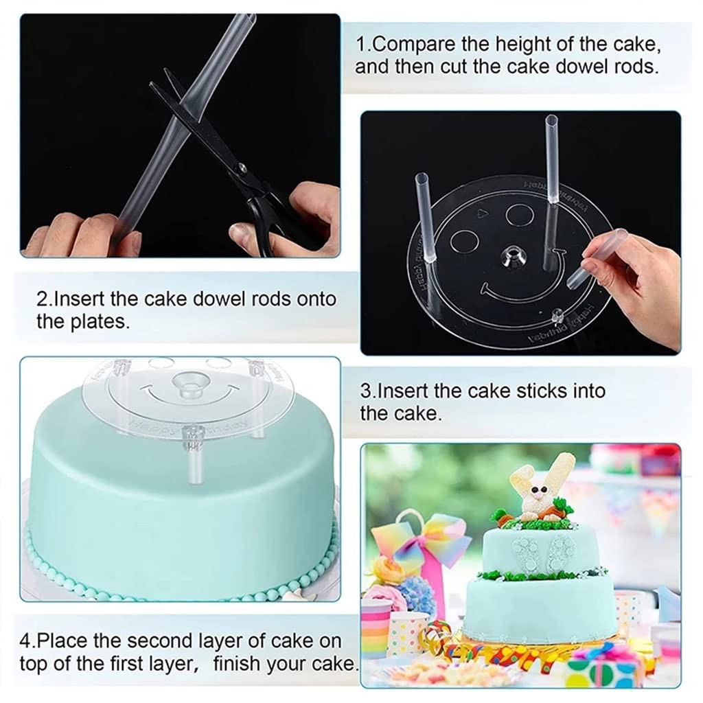 EBOCACB Smiley Plastic Cake Dowel Rods Set,12 Pcs White Plastic Cake Dowel Rods,12 Pcs Clear Cake Stacking and 4 Pcs Smiley Cake Separator Plates for 4, 6, 8, 10 Inch Cakes