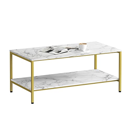 PrimeZone Coffee Table for Living Room - 2 Tier Rectangle Modern Coffee Table 21.5" D x 41" W x 18" H, Sofa Center Table with Gold Metal Frame, White Faux Marble