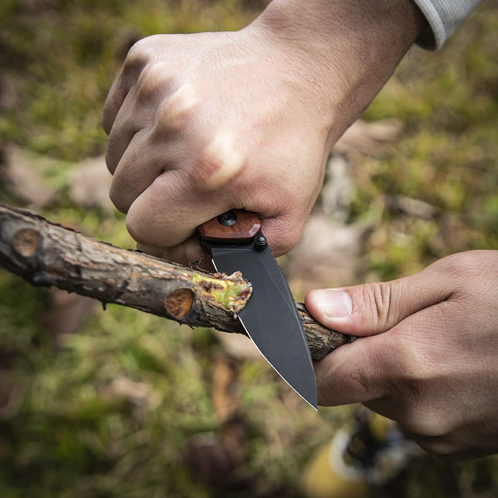 CIVIVI Altus Pocket Folding Knife with Button Lock and Thumb Stud Opener, 2.97" Nitro-V Black Stonewashed Blade Cuibourtia Wood Handle C20076-3