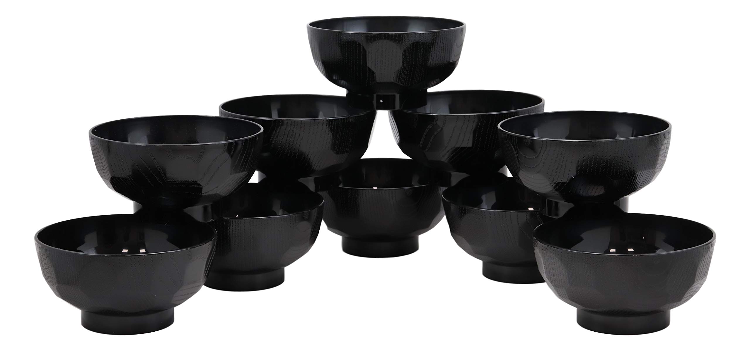 Ebros Gift Japanese Contemporary Black Lacquer Ridged Bowls For Rice Miso Appetizer Soup 4.5" Diameter Made In Japan Decorative Bowl Set of 10 Lacquered Serveware For Restaurants Home Kitchen Gifts