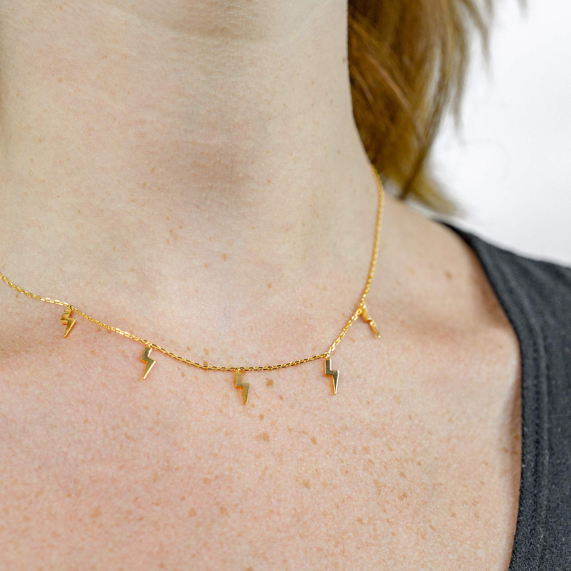 Columbus 14K Gold Plated Charm Necklace - Lightning Bolt Pendant - Star Station Necklace - Dainty Layering Necklace (Gold Lightning)