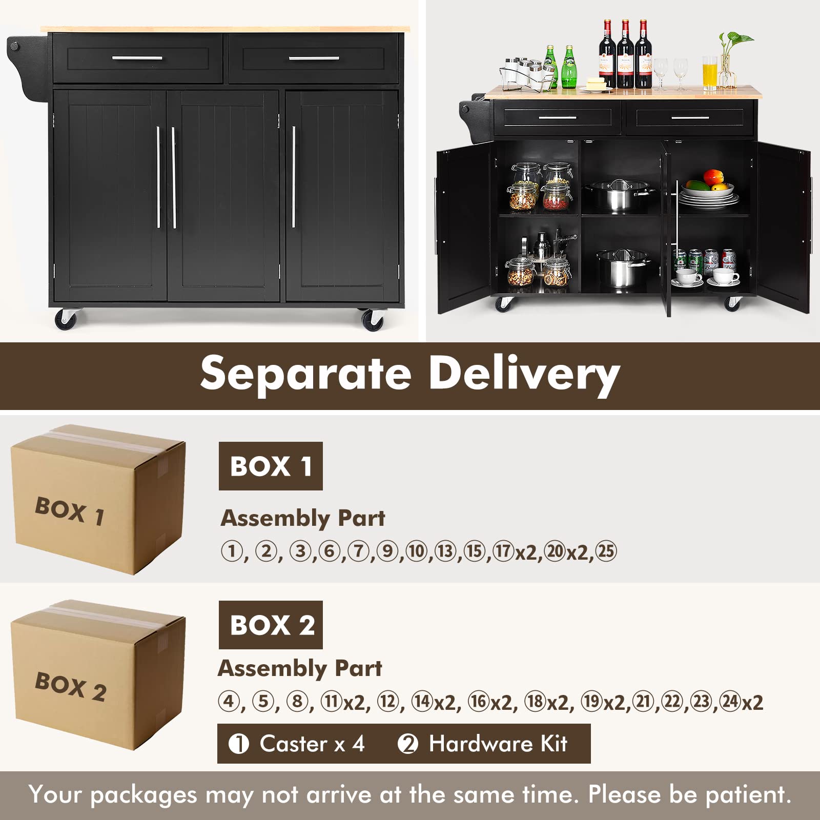 COSTWAY Mobile Kitchen Island Cart, Rolling Storage Trolley with Towel Bar, 2 Deep Drawers, 3 Door Cabinets, Swivel Casters, Rubber Wood Top, Ideal for Kitchen, Dining Room, Restaurant, Cafe (Coffee)