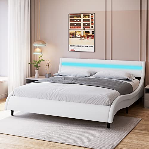 Keyluv Modern Upholstered Platform Bed Frame with LED Lights Headboard, Faux Leather Wave-Like Platform Bed Frame,Strong Wood Slats Support, Easy Assembly, Queen, White
