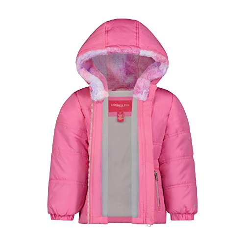 LONDON FOG Baby Girl's Hooded Puffer Winter Jacket with Matching Headband, Pink, 4T